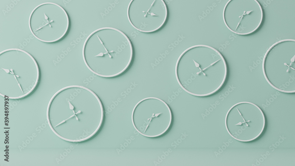 An some clocks on pastel blue background .Light background with space ...