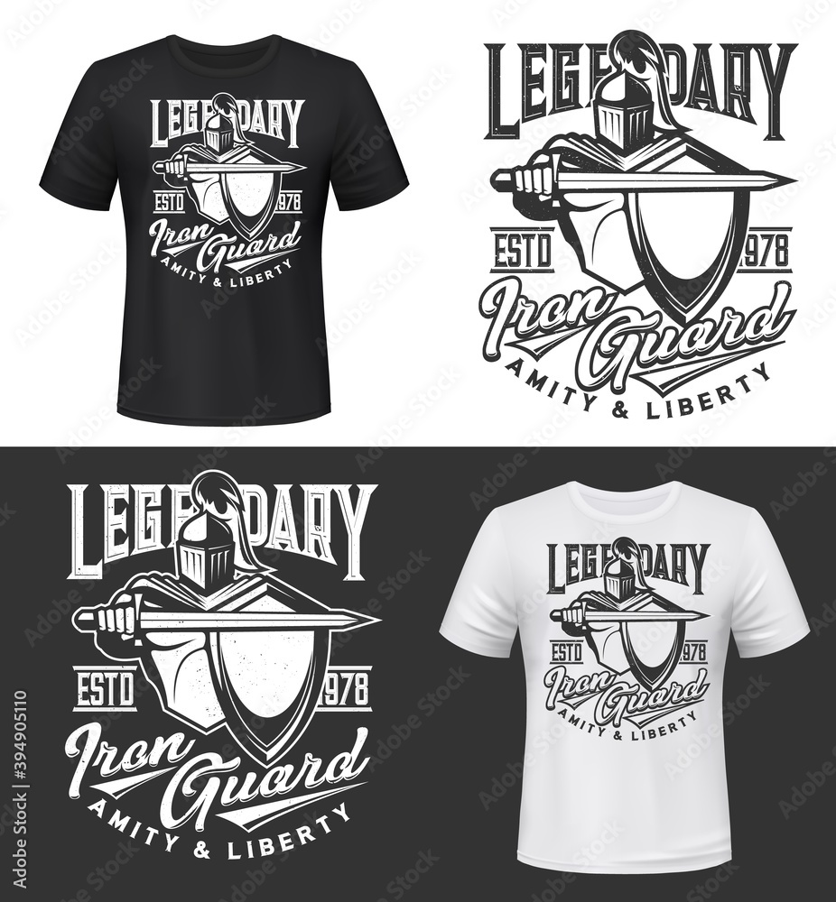 Knight in iron armor, t-shirt print mockup, vector guard or Medieval ...