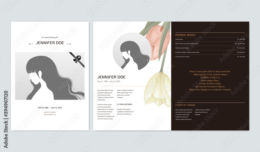 Floral memorial and funeral invitation card template design, tulip ...