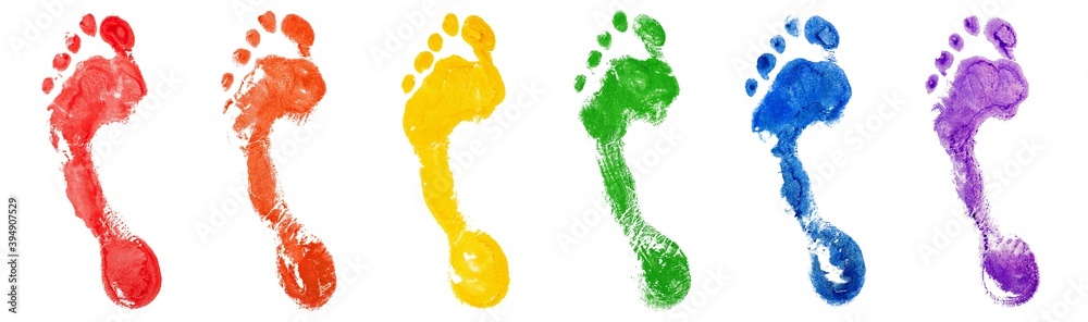 Footprints set LGBTQ community rainbow flag color white background ...