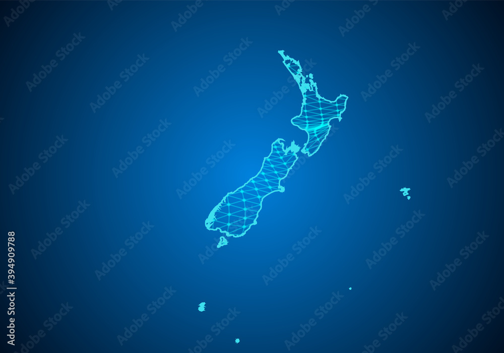 Abstract digital map of New Zealand with particles dots and line ...