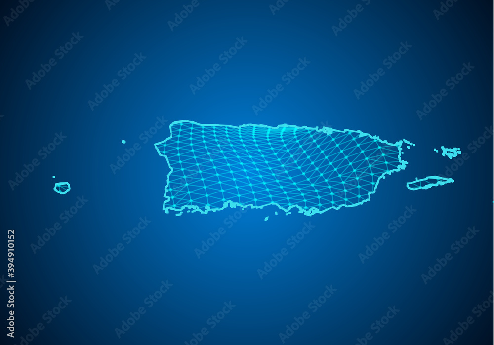 Abstract digital map of puerto Rico with particles dots and line ...