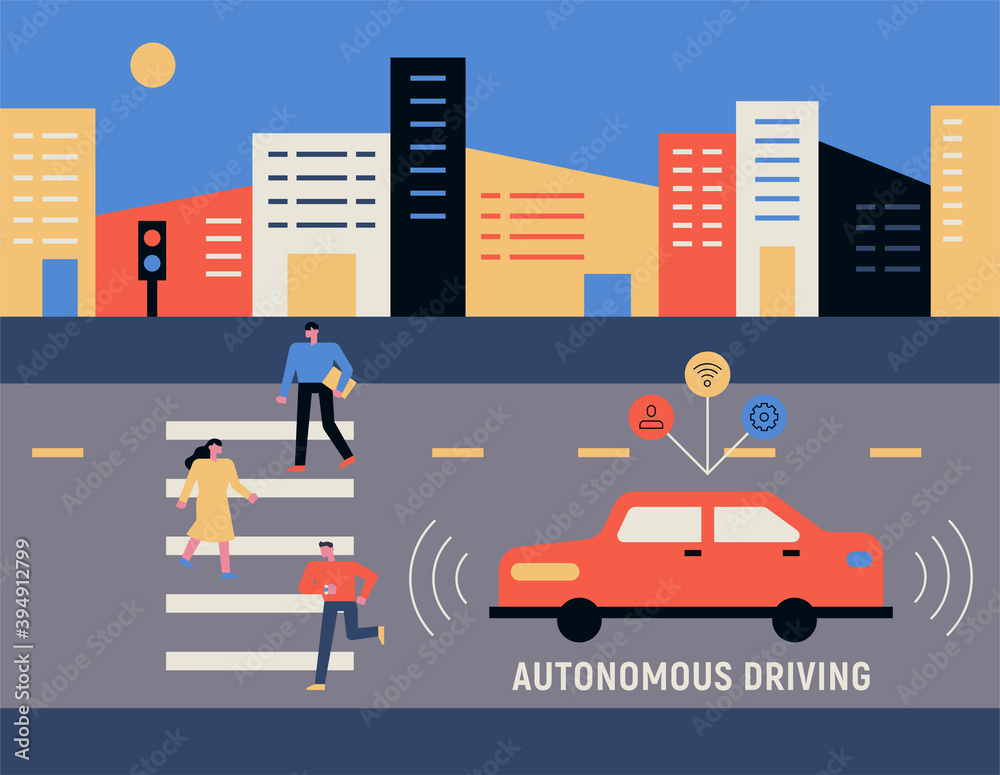 Various digital technologies and cars. People are crossing the ...