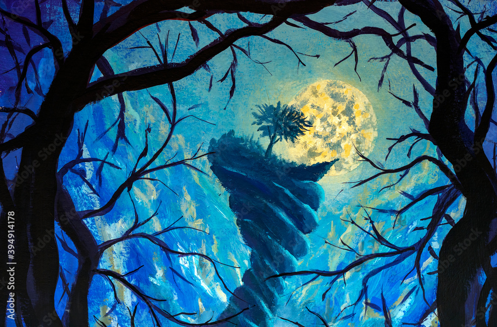 Fantasy blue night oil painting. Big moon, tree on top of terrible ...