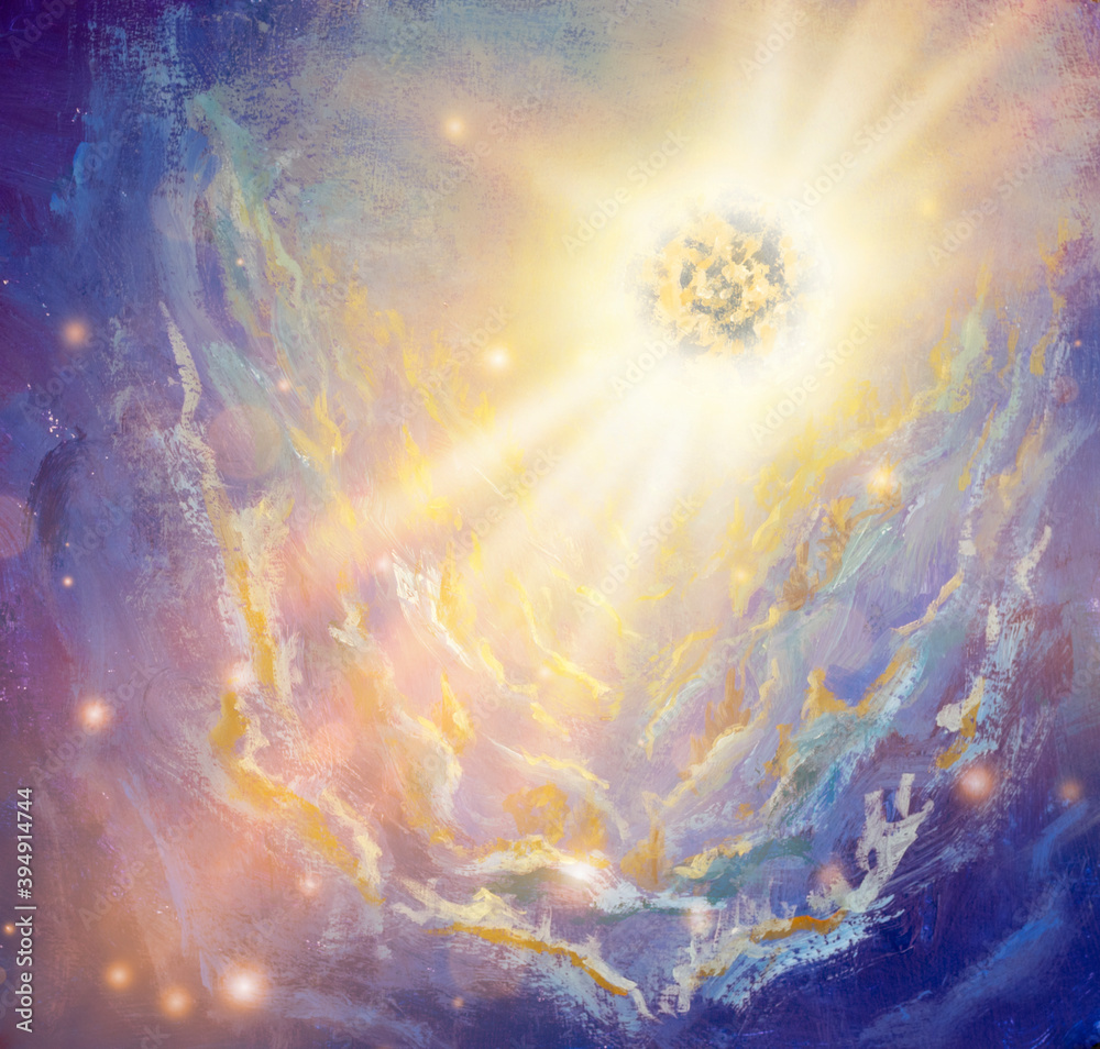 Cosmos oil painting beautiful large glowing planet moon in rays of sun ...