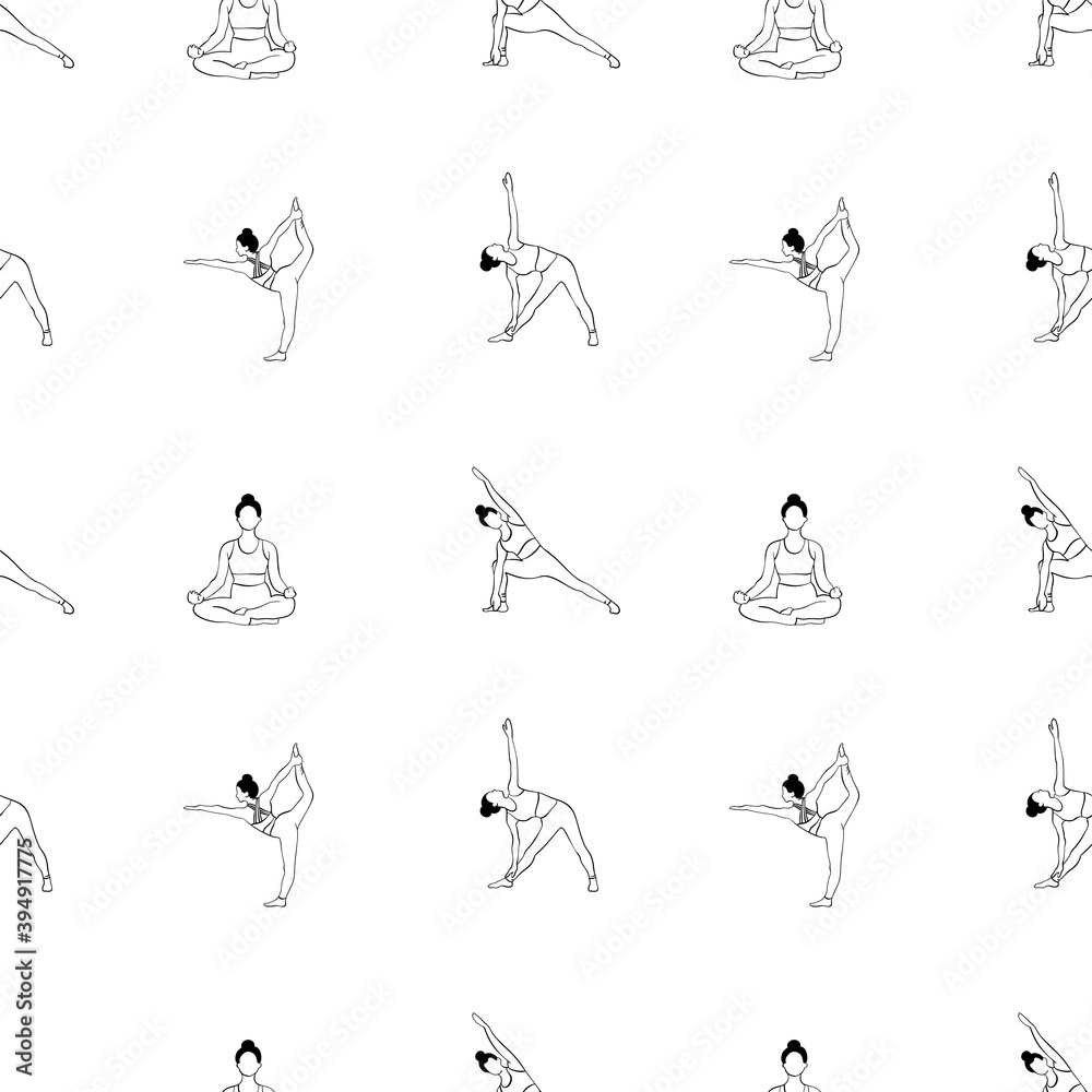 Yoga poses seamless pattern of girl in line drawing. Vector yoga poses ...