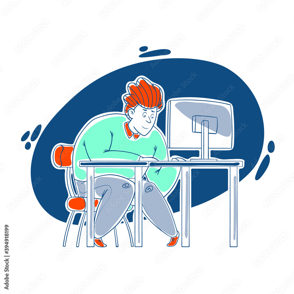A kind, sweet, cheerful guy works hard at the computer in the office ...