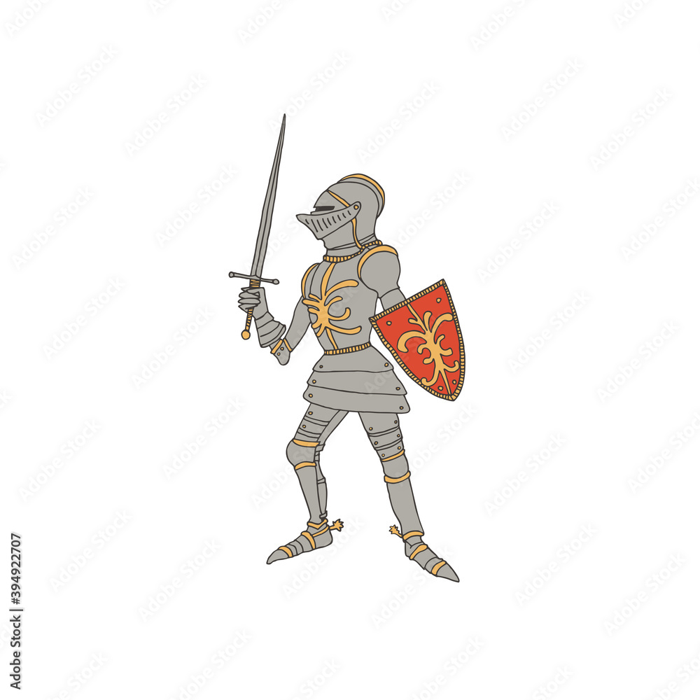 Medieval knight with a sword and shield. Male warrior with armor taking ...