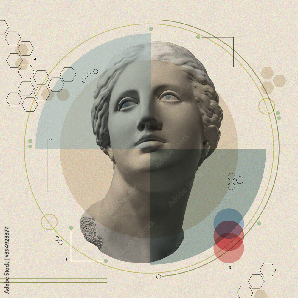 Art collage with antique sculpture of Venus face and numbers, geometric ...