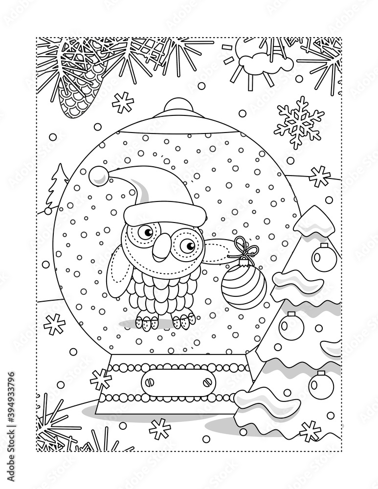 Snowglobe with cute owl and christmas tree coloring page, poster, sign ...