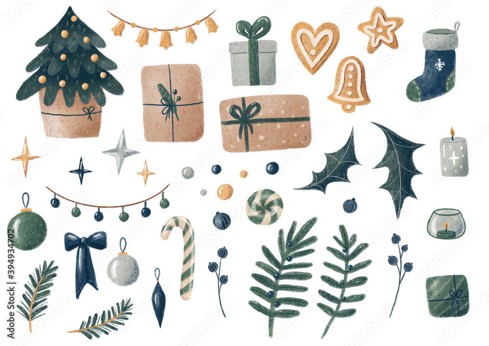Hand drawn isolated Christmas illustration clipart. Christmas elements ...