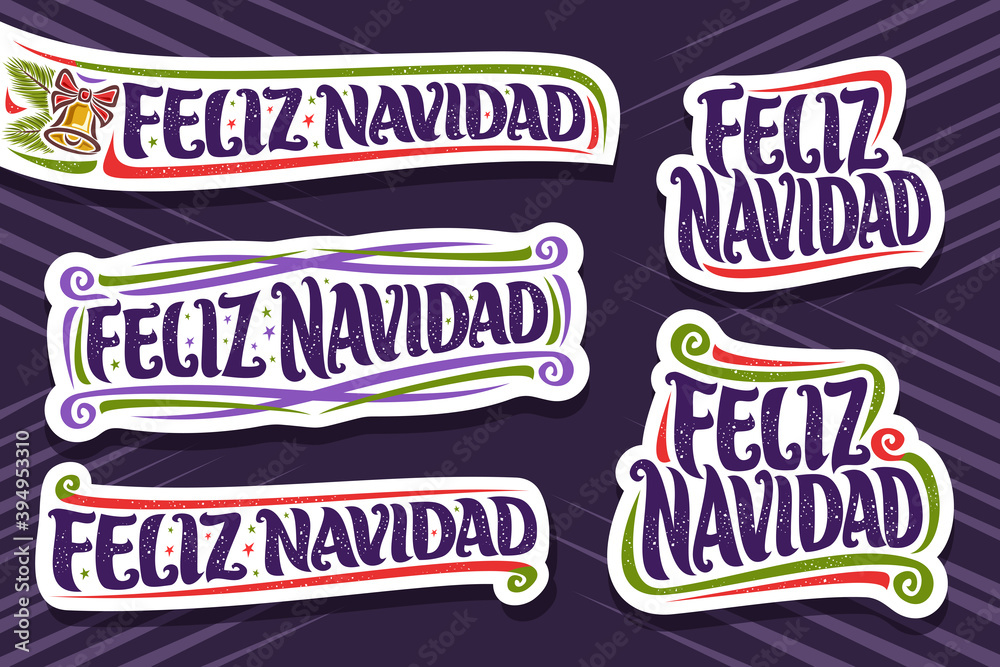 Vector set for Merry Christmas in Spanish language, 5 cut paper logos ...