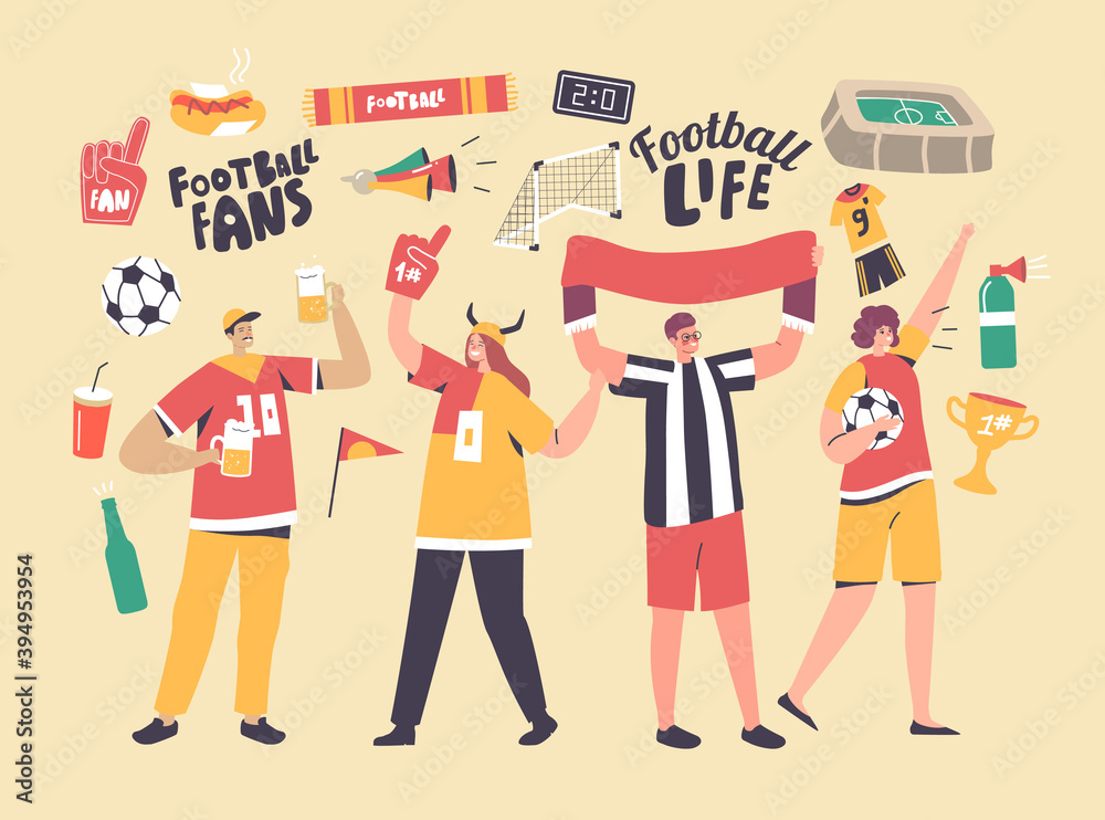 Young Football Supporter Fans Characters Cheering with Flag Watching ...