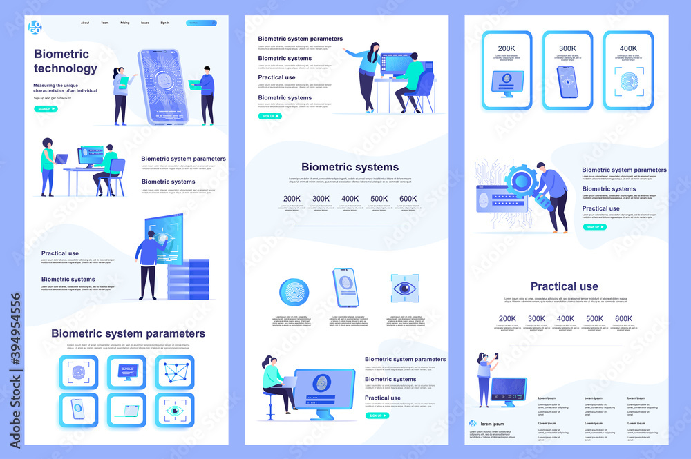 Biometric technology flat landing page. Biometrics authentication and ...
