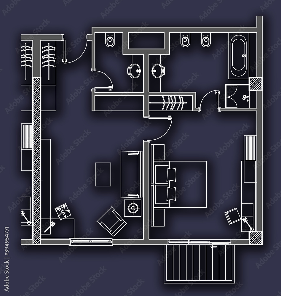 Architectural plan drawing of a suit hotel room with balcony. White ...