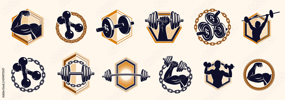 Fitness sport emblems logos or posters with barbells dumbbells ...
