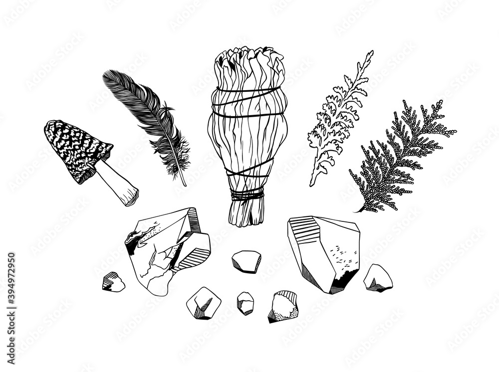 Hand drawn boho illustration. Hand drawn set of ritual things. Hand ...