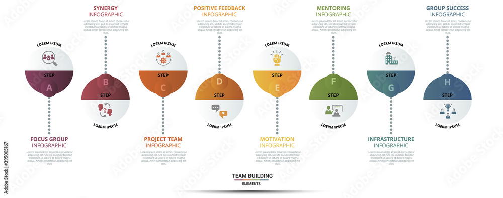 Infographic Team Building template. Icons in different colors. Include ...