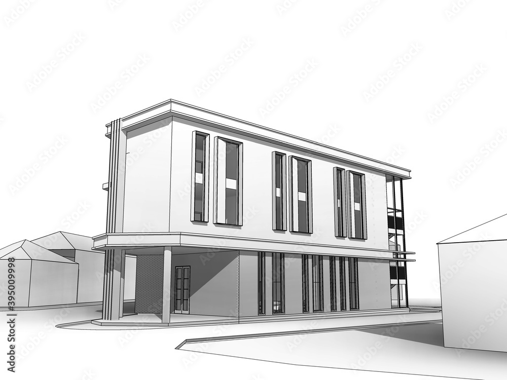 3D illustration of a two floor office building perspective from right ...