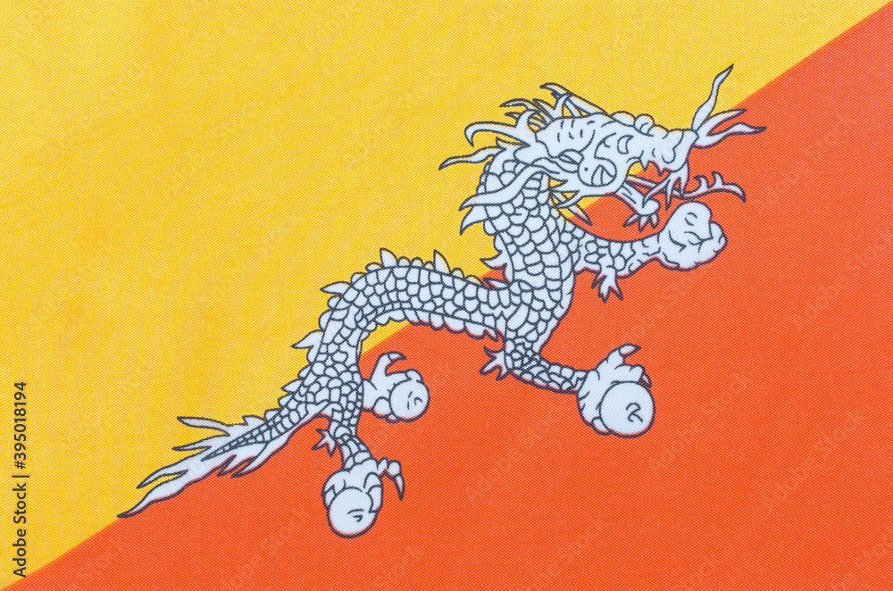 national flag of the Kingdom of Bhutan on a fabric basis close-up Stock ...