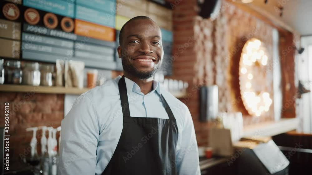 Handsome Black African American Barista with Short Hair and Beard ...