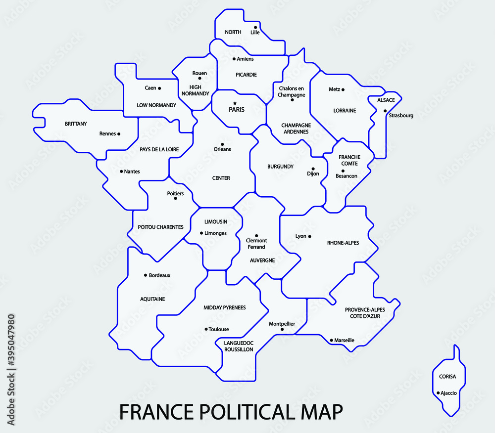 France political map divide by state colorful outline simplicity style ...