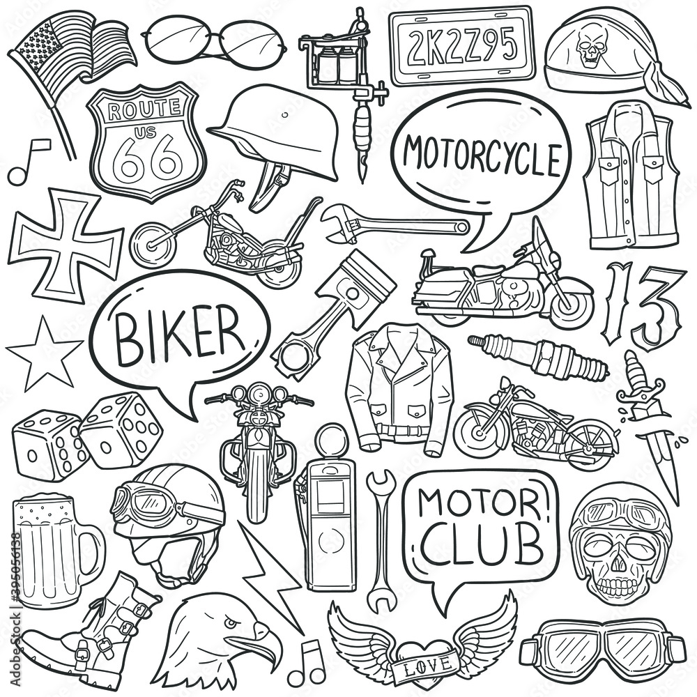 Bikers doodle icon set. Hard biker Vector illustration collection ...