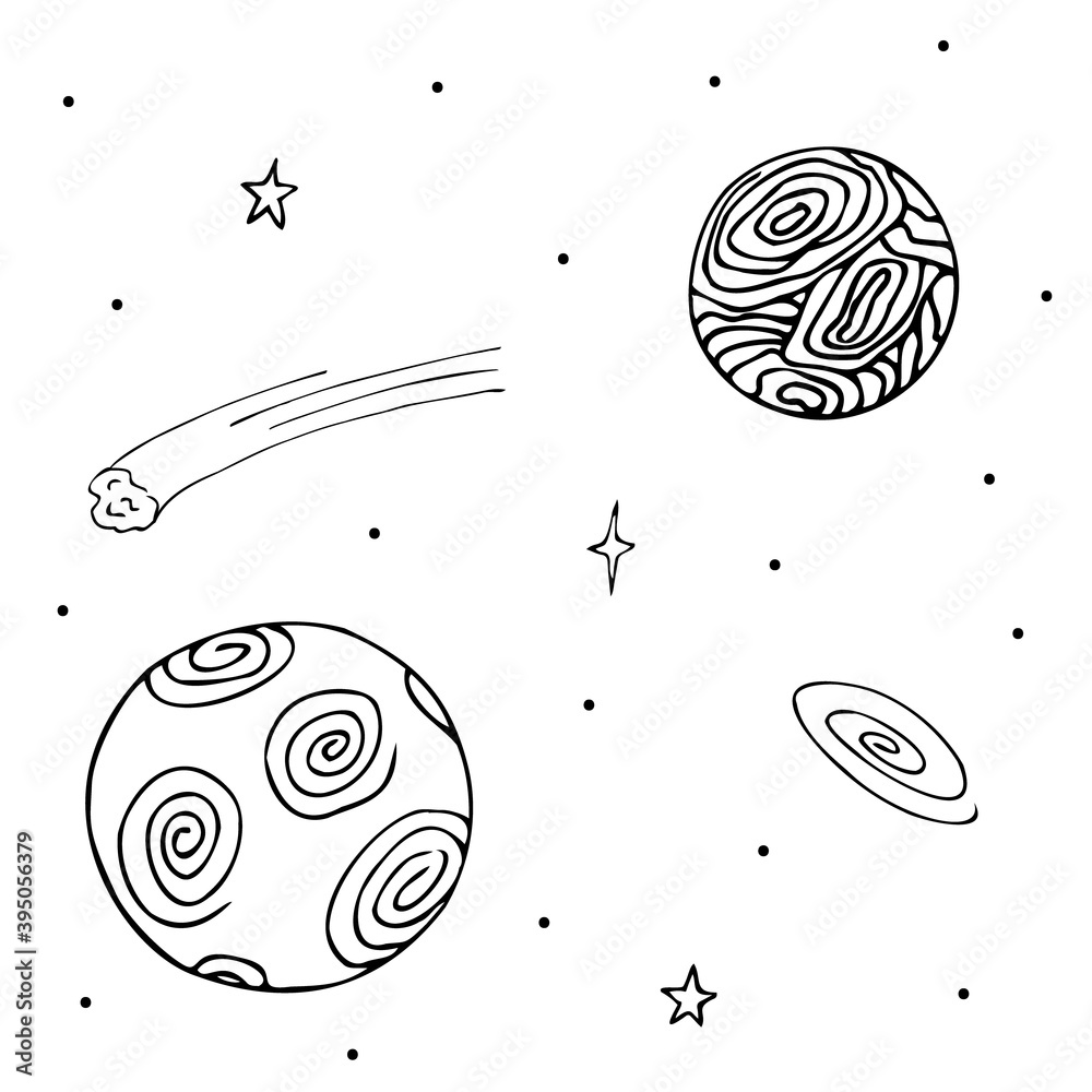 Two planets, a flying comet and a galaxy. One planet with tornado ...