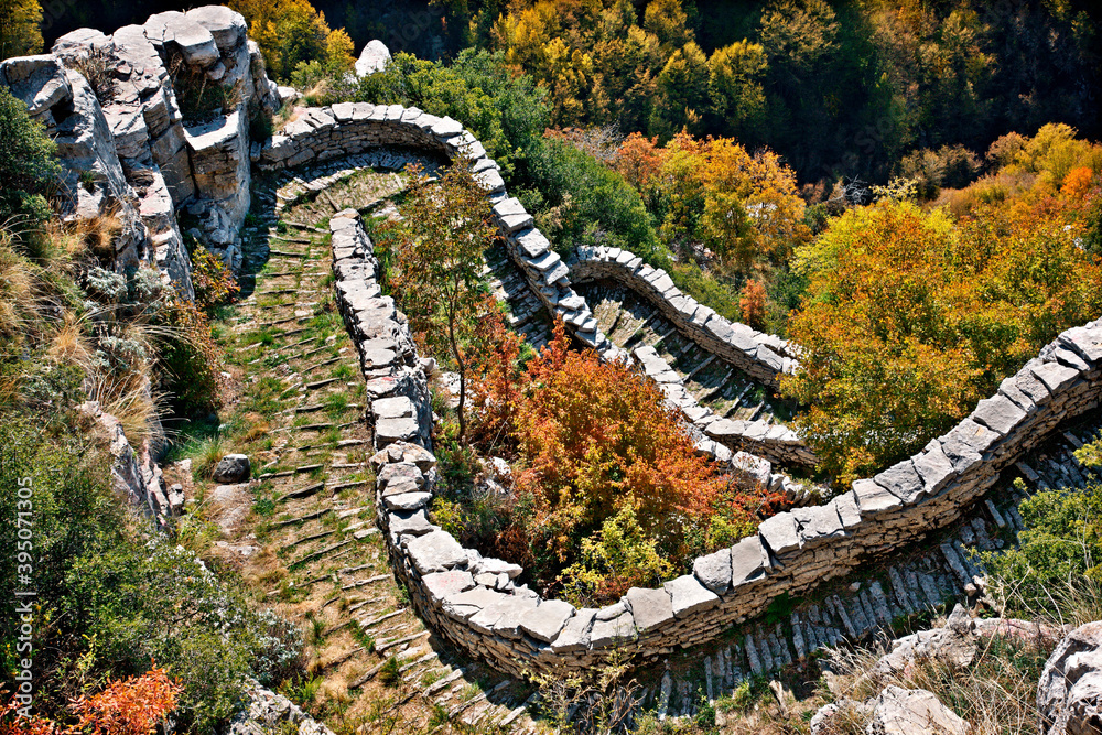 ZAGORI REGION, GREECE. The Scala of Vradeto, a fantastic stone path, a ...