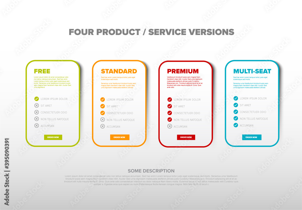 Product Options Features Schema Cards Layout Stock Template | Adobe Stock