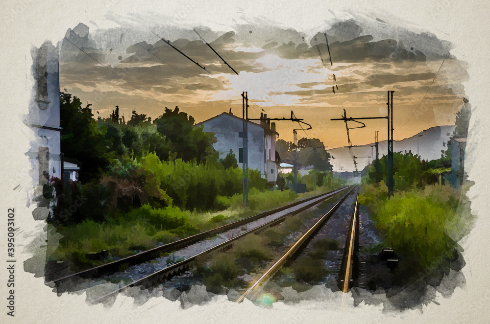 Watercolor drawing of Railway tracks with old buildings on sides, wires ...
