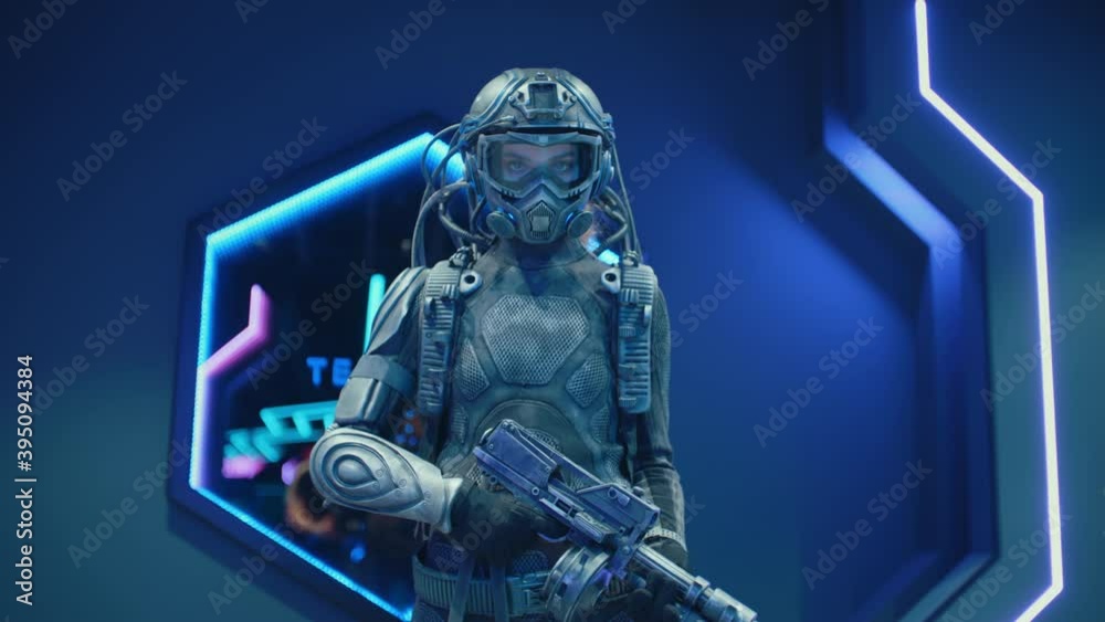 Cyberpunk. Female soldier of future in futuristic combat armor suit in ...