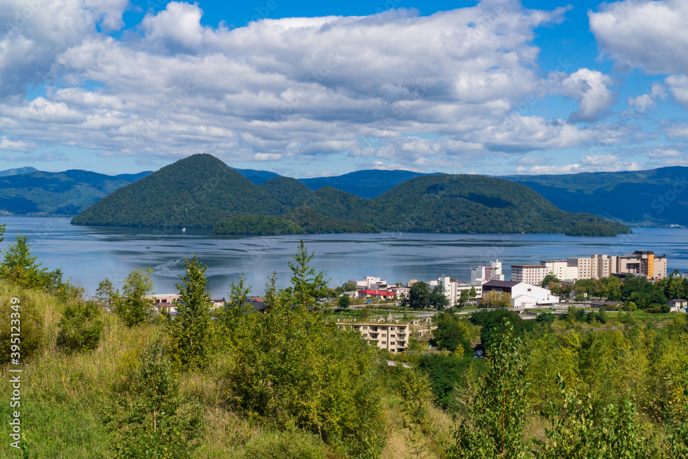 Panoramic view over the Toya Lake and Toyako Onsen from the Nishiyama ...
