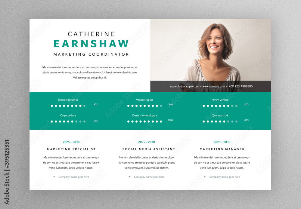 Clean and Modern Horizontal Resume Layout with Teal Accents Stock ...