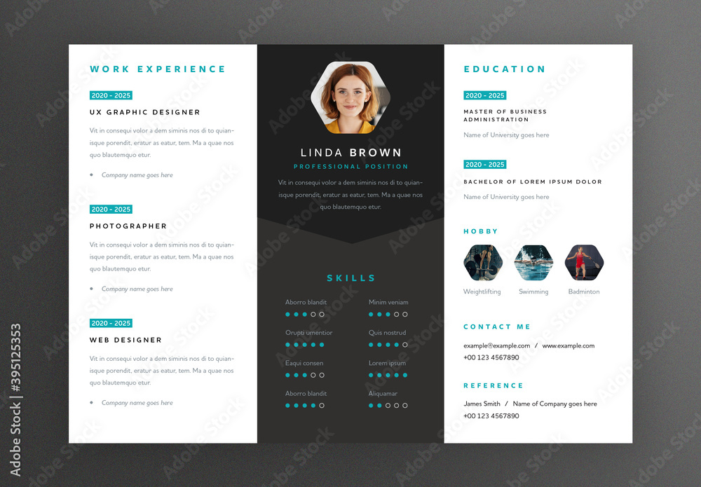 Horizontal Resume Layout with Black and Teal Accents Stock Template ...
