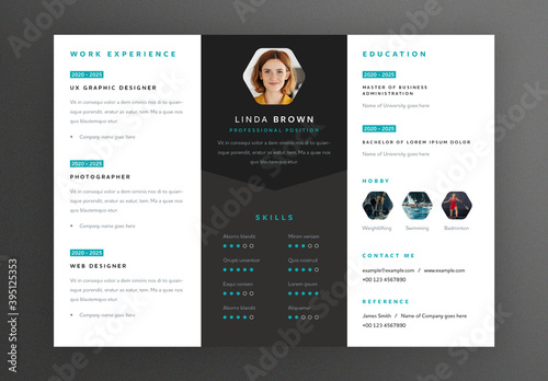 Horizontal Resume Layout with Black and Teal Accents Stock Template ...