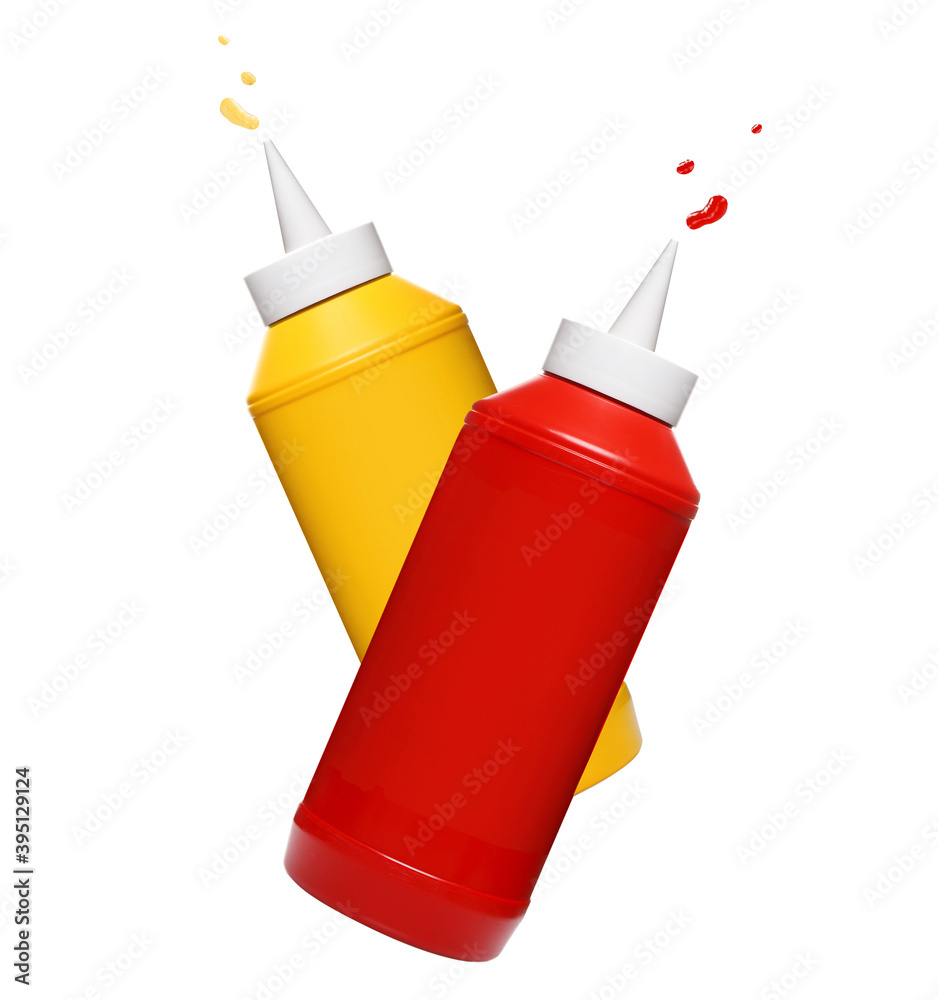 Flying ketchup and mustard plastic bottles, isolated on white ...