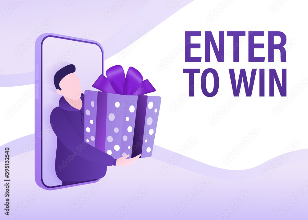 Cartoon character enter to win prizes. Holiday banner. Vector design ...