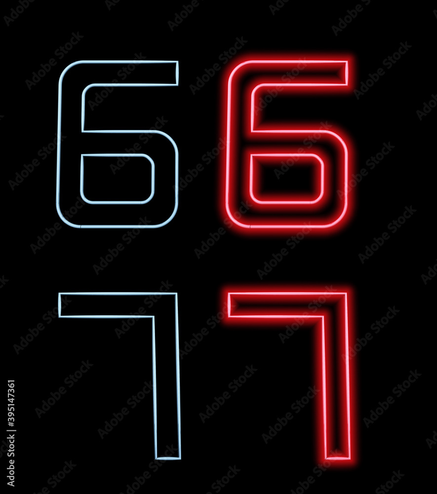 Alphabet made with neon lit numbers 6, 7. Numbers with light on and off ...