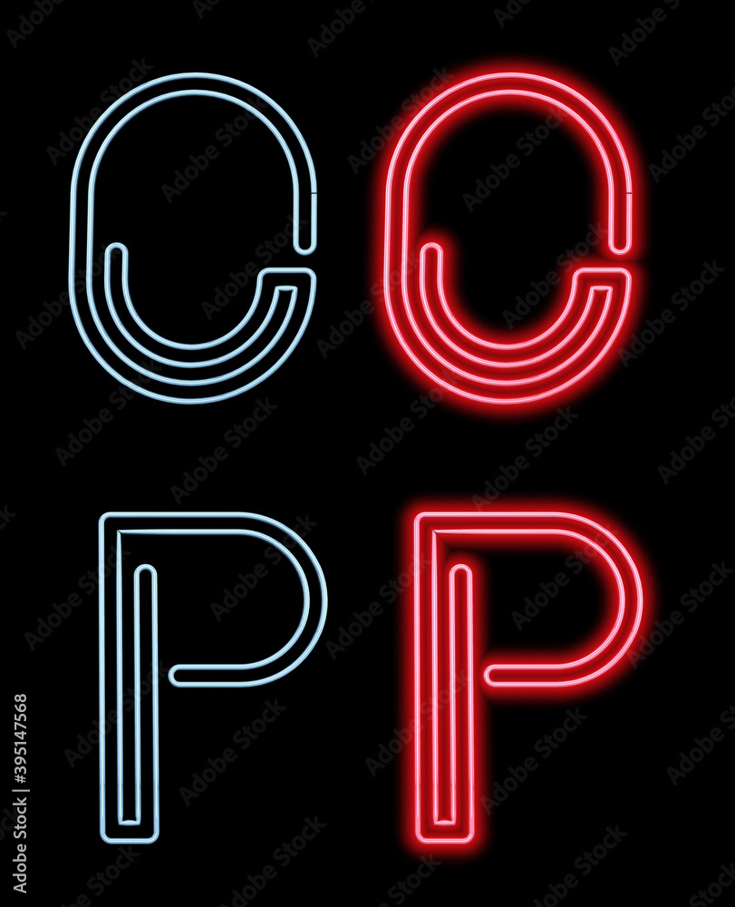 Alphabet made with neon lit letters. Letters O, P, with light on and ...