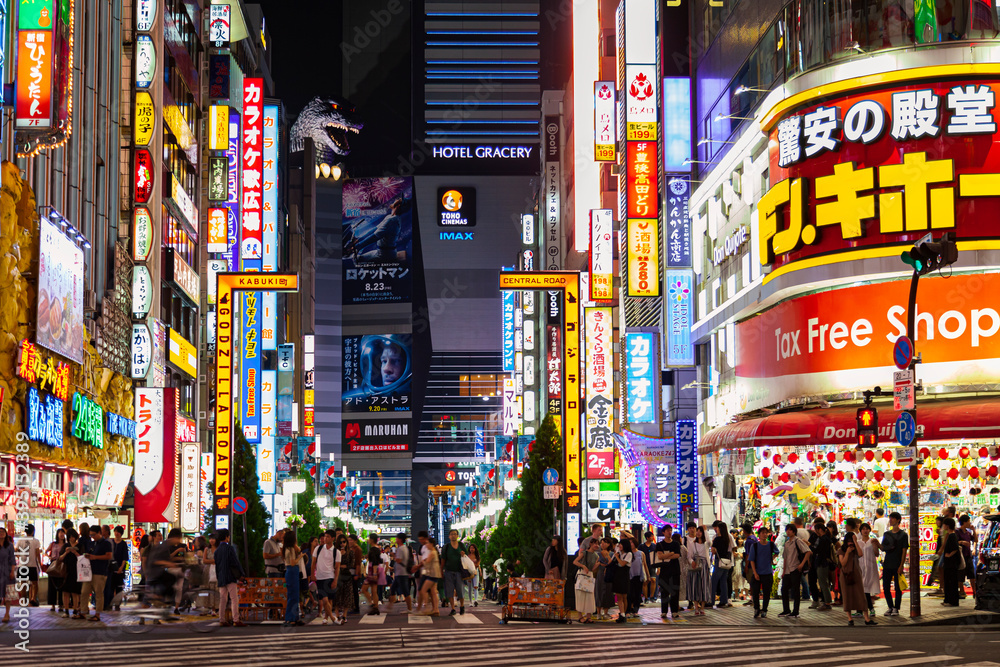 Shinjuku, Tokyo, Japan-September 1, 2019: GODZILLA ROAD: Night view of ...