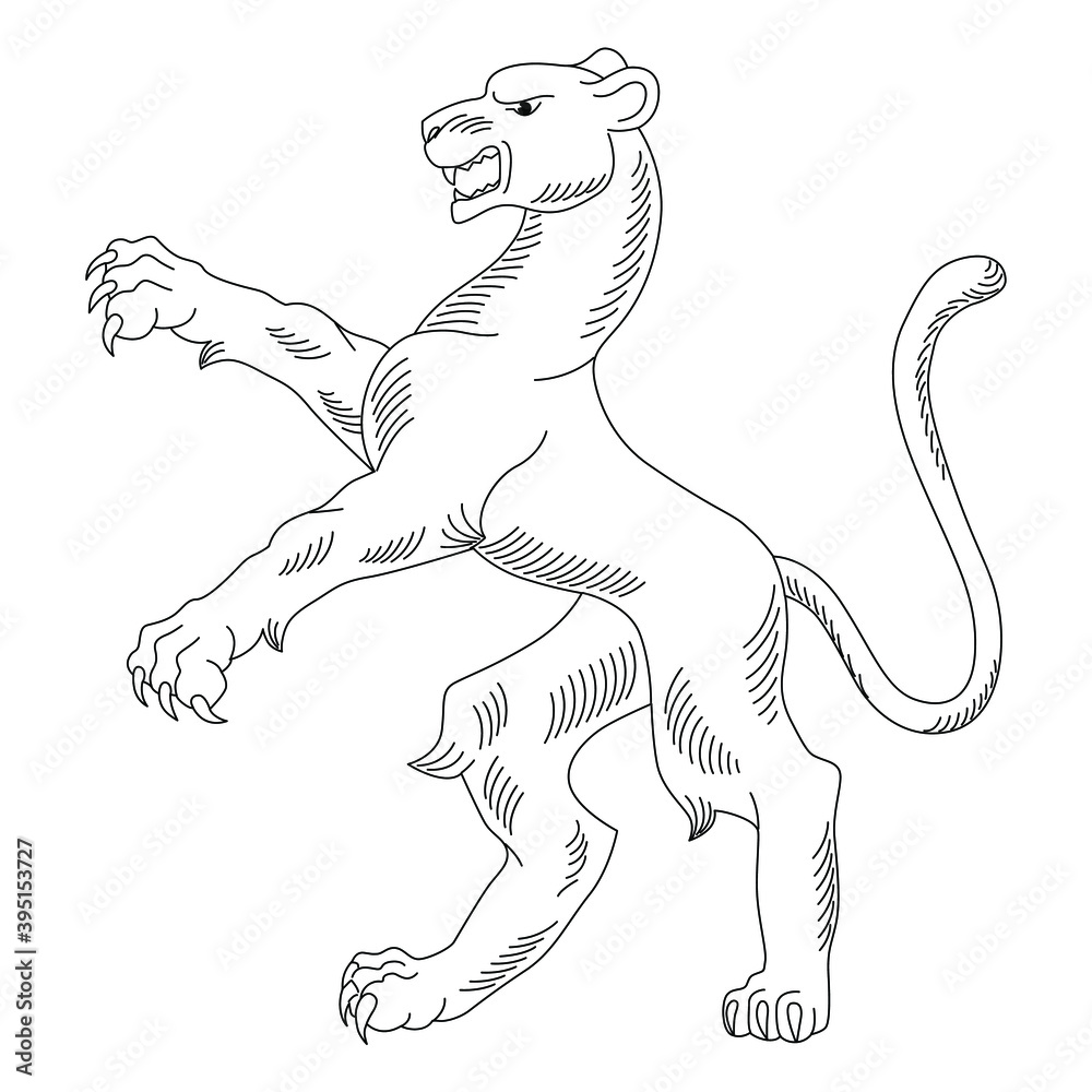 Heraldry. Hand drawn rising panther vector image. Black and white stock ...