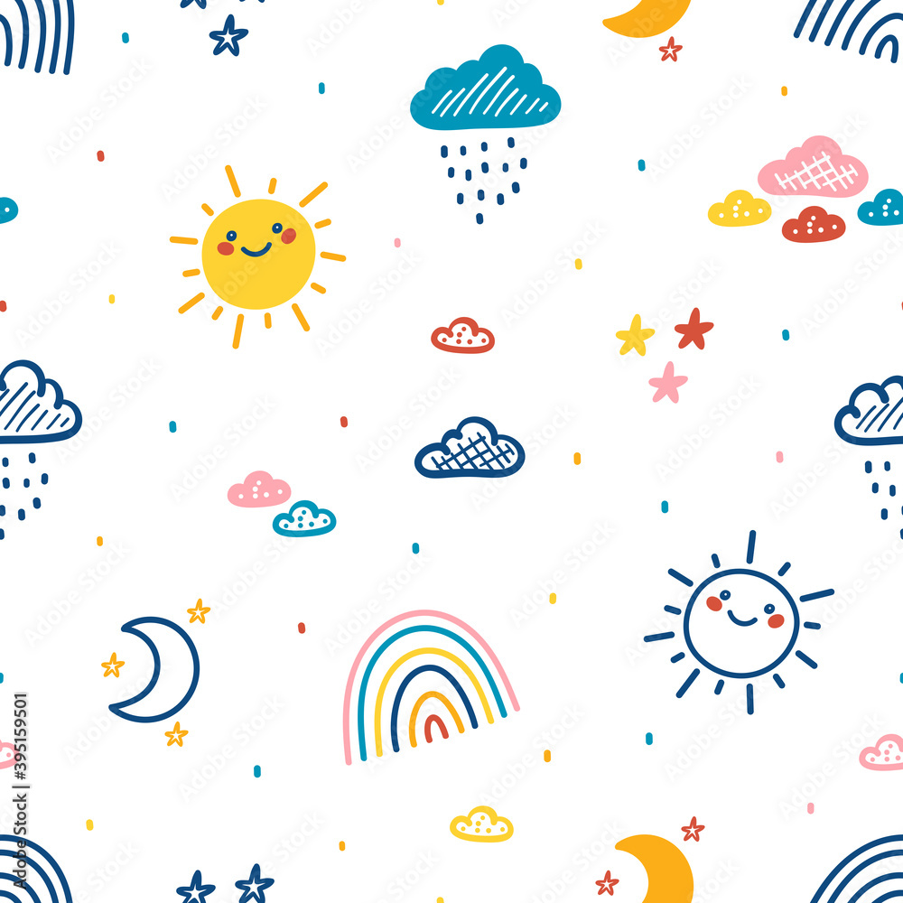 Colorful Baby Pattern with Rainbow, Sun, Rain Clouds, Moon and Stars ...