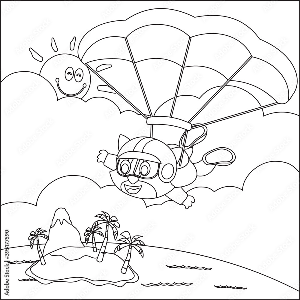 Vector cartoon illustration of skydiving with litlle cat, plane and ...