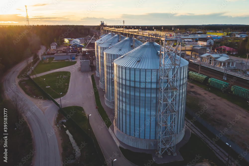 Aerial top view of Grain Elevator Silos, Granary of a feed mill built ...