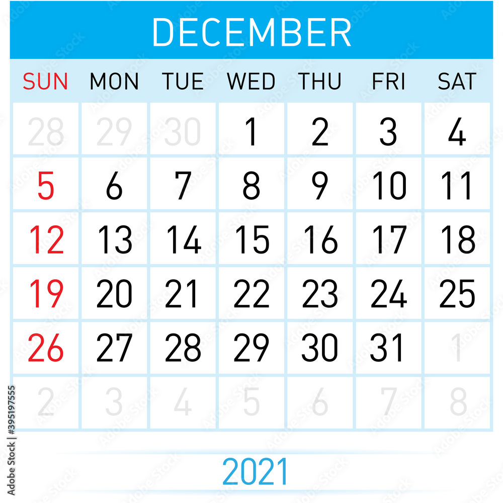 December Planner Calendar 2021. Illustration of Calendar in Simple and ...