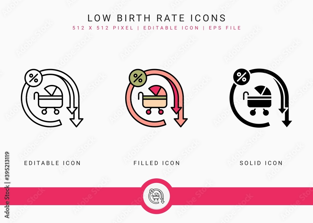 Low birth rate icons set vector illustration with solid icon line style ...