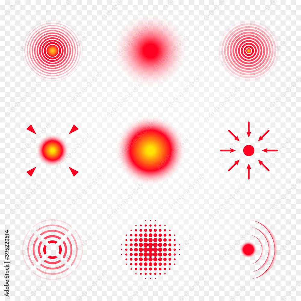 Pain localization point, set of abstract symbols of pain. Red circles ...