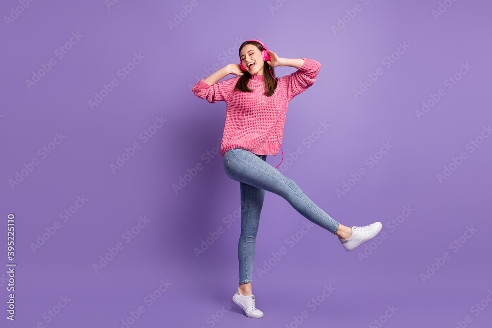 Full length body size photo of young woman dancing at party listening ...