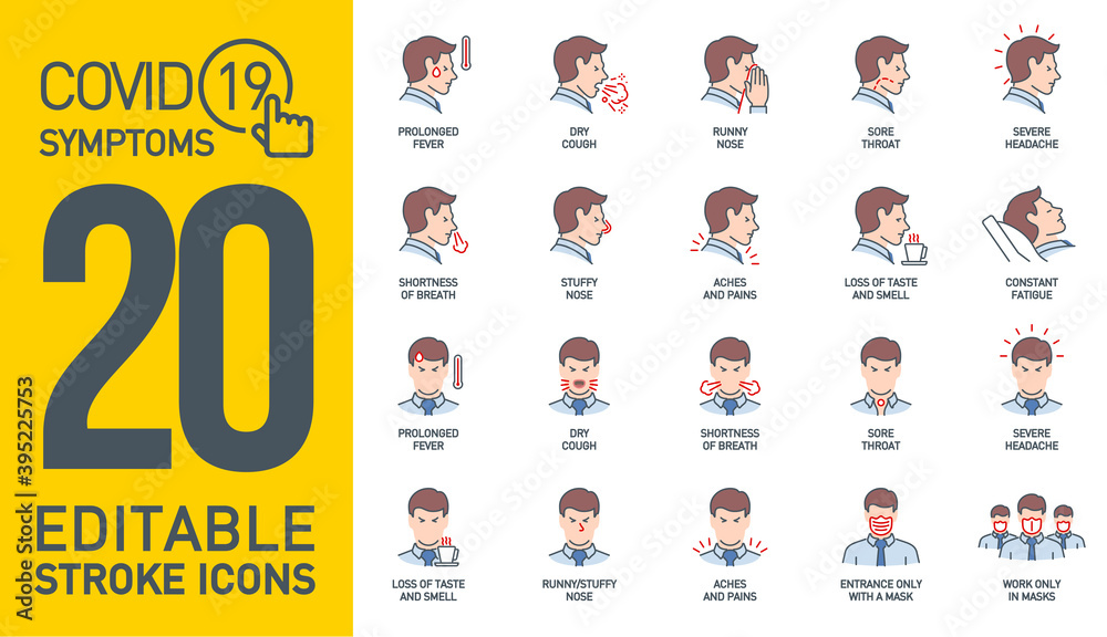 symptoms of Coronavirus Covid19 color line icons set isolated on white ...